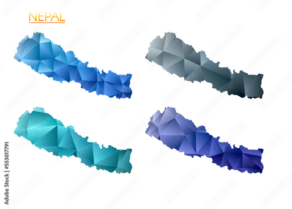 Set of vector polygonal maps of Nepal. Bright gradient map of country ...