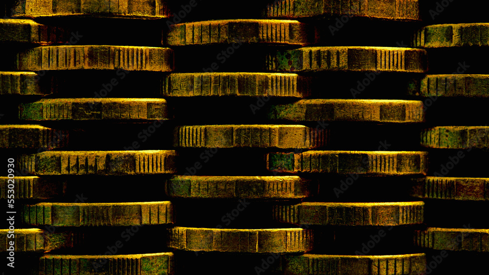 Stacks of coins close-up. Money textured background. Dark brown ...