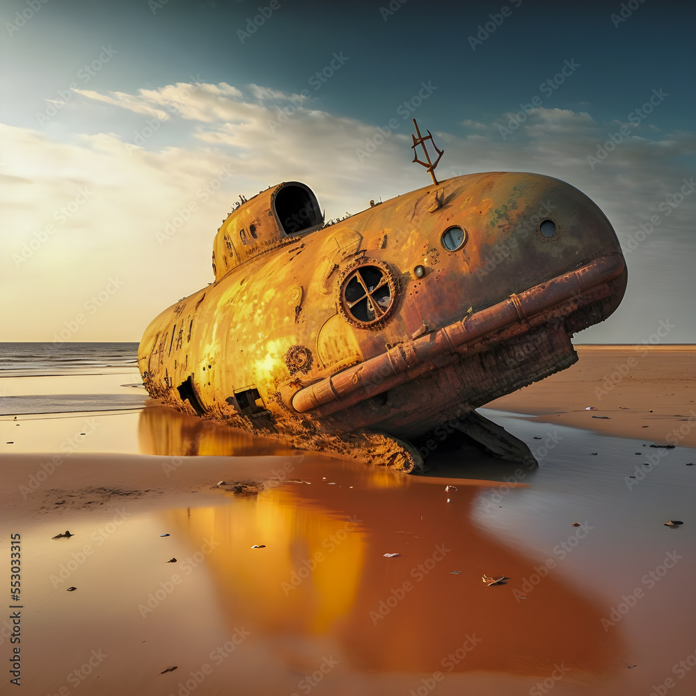 Rusting nuclear submarine laying on its side on a beach Stock ...