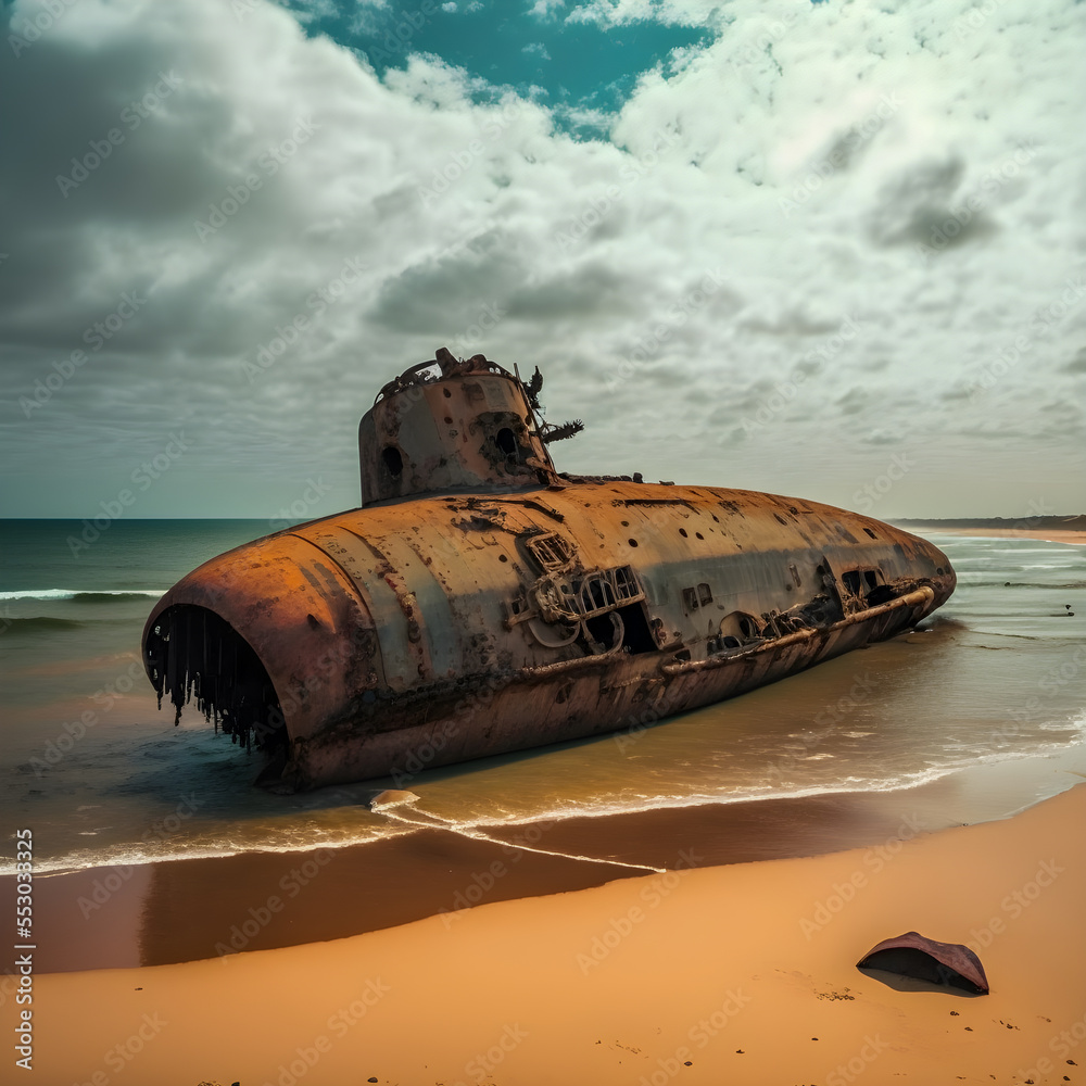 Rusting nuclear submarine laying on its side on a beach Generative AI ...