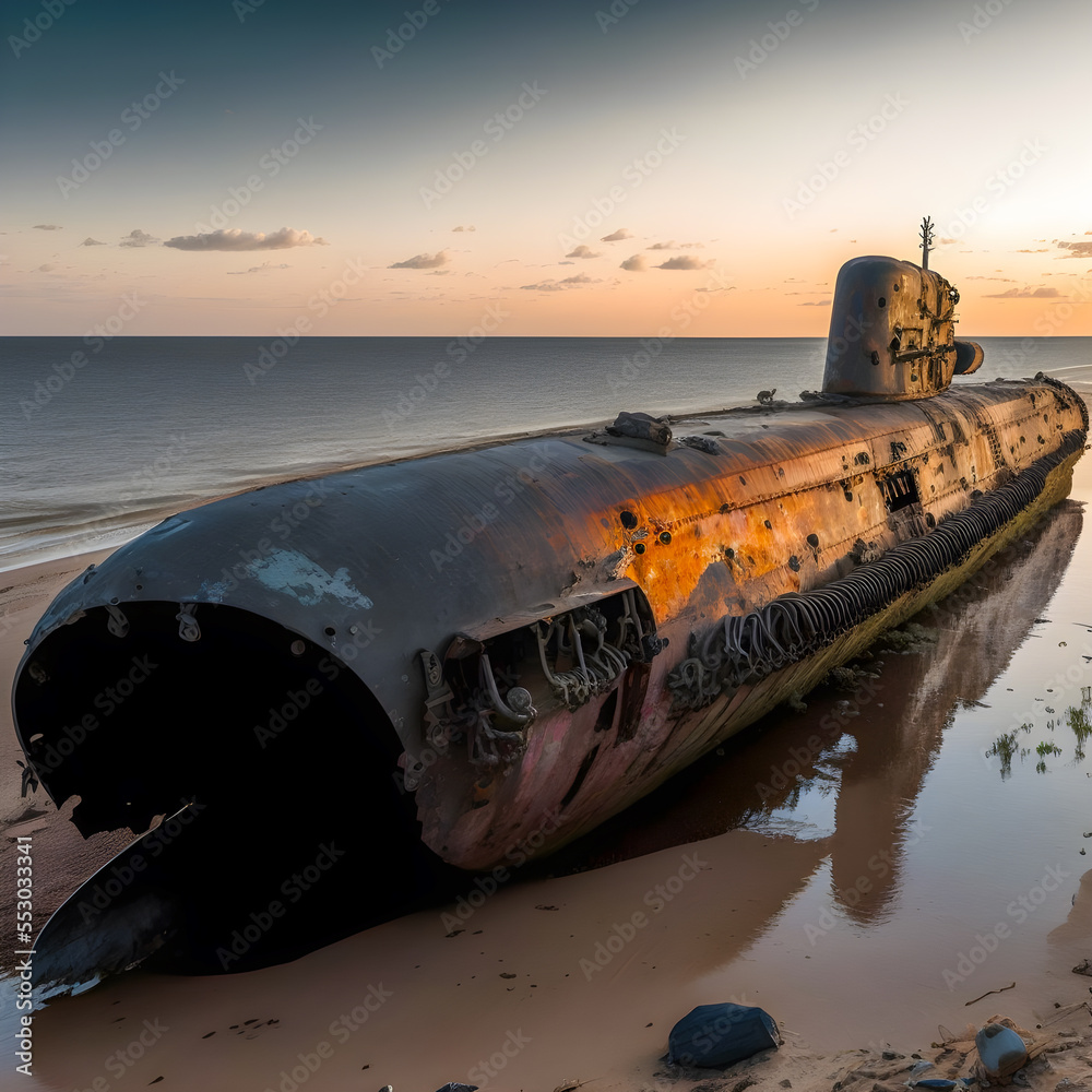 Rusting nuclear submarine laying on its side on a beach Stock ...
