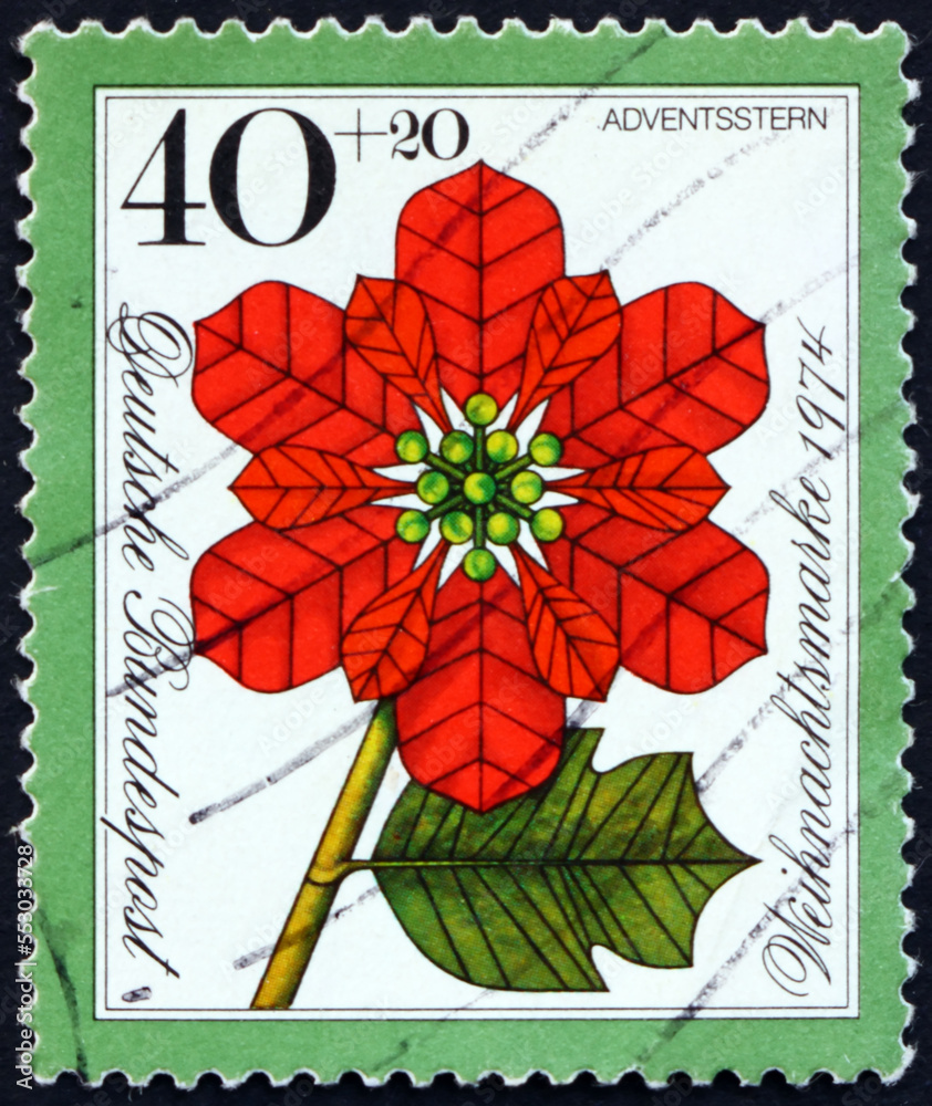 Postage stamp Germany 1974 Poinsettia, euphorbia pulcherrima, flowering ...