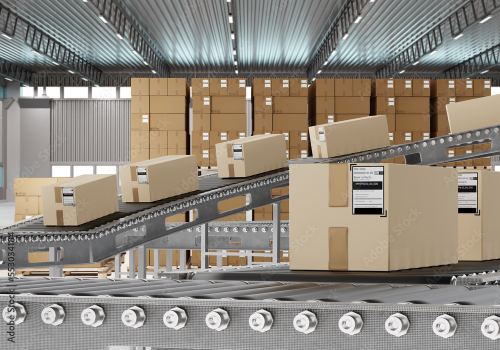 Production Line. Boxes on conveyor. Warehouse courier service with ...