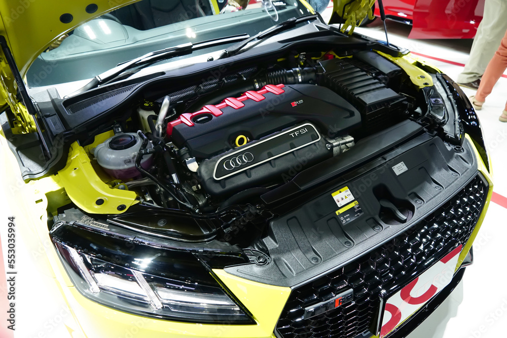 Bangkok, Thailand - 10 December 2022: Engine compartment of the Audi TT ...