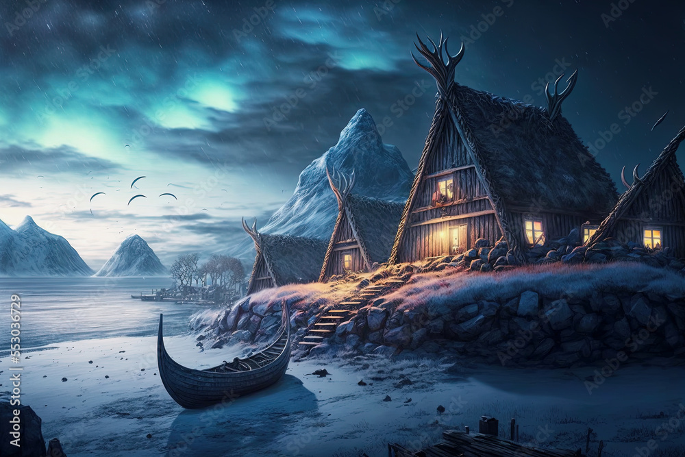 ai generative midjourney illustration of viking houses in a viking ...