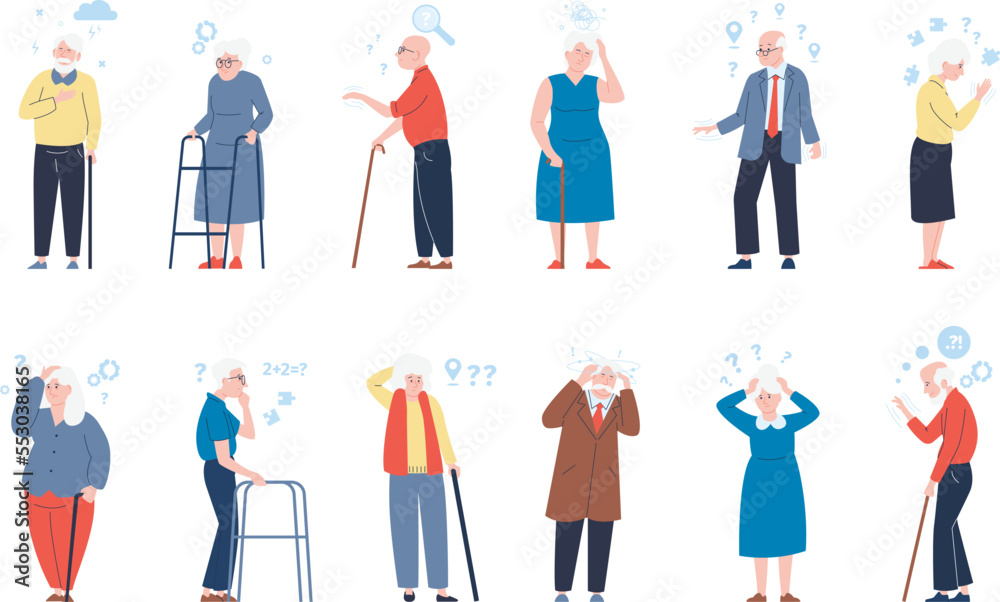 Elderly characters, seniors with dementia symptoms. Alzheimer illness ...