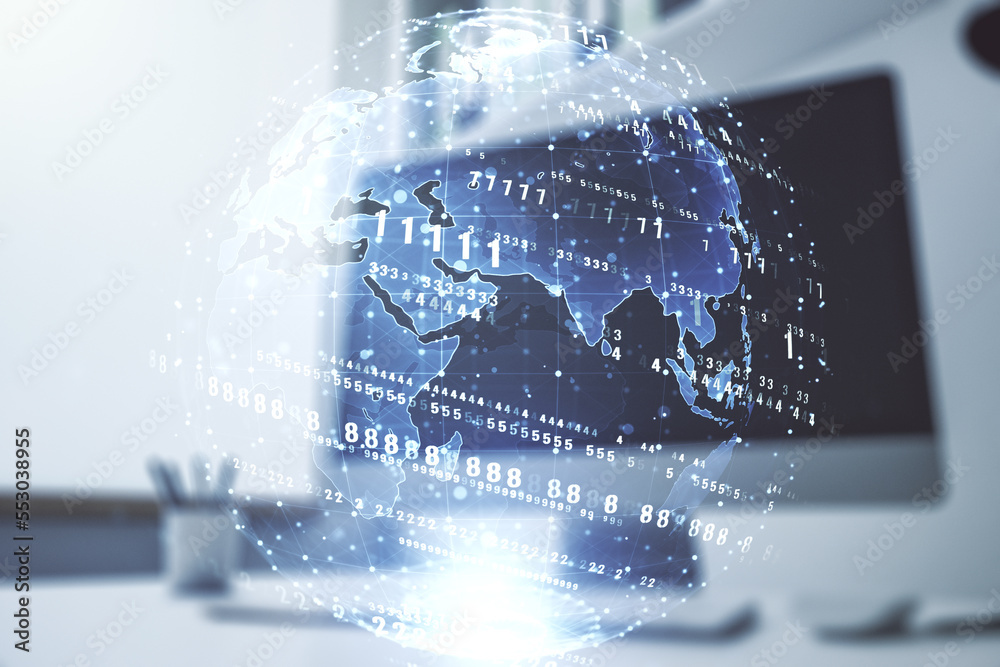 Multi exposure of abstract creative coding sketch with world map and ...