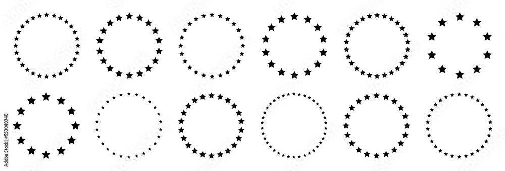 Stars of various sizes arranged in a circle. Round frame, border. Black ...
