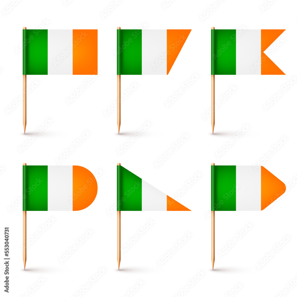 Realistic various Irish toothpick flags. Souvenir from Ireland. Wooden ...