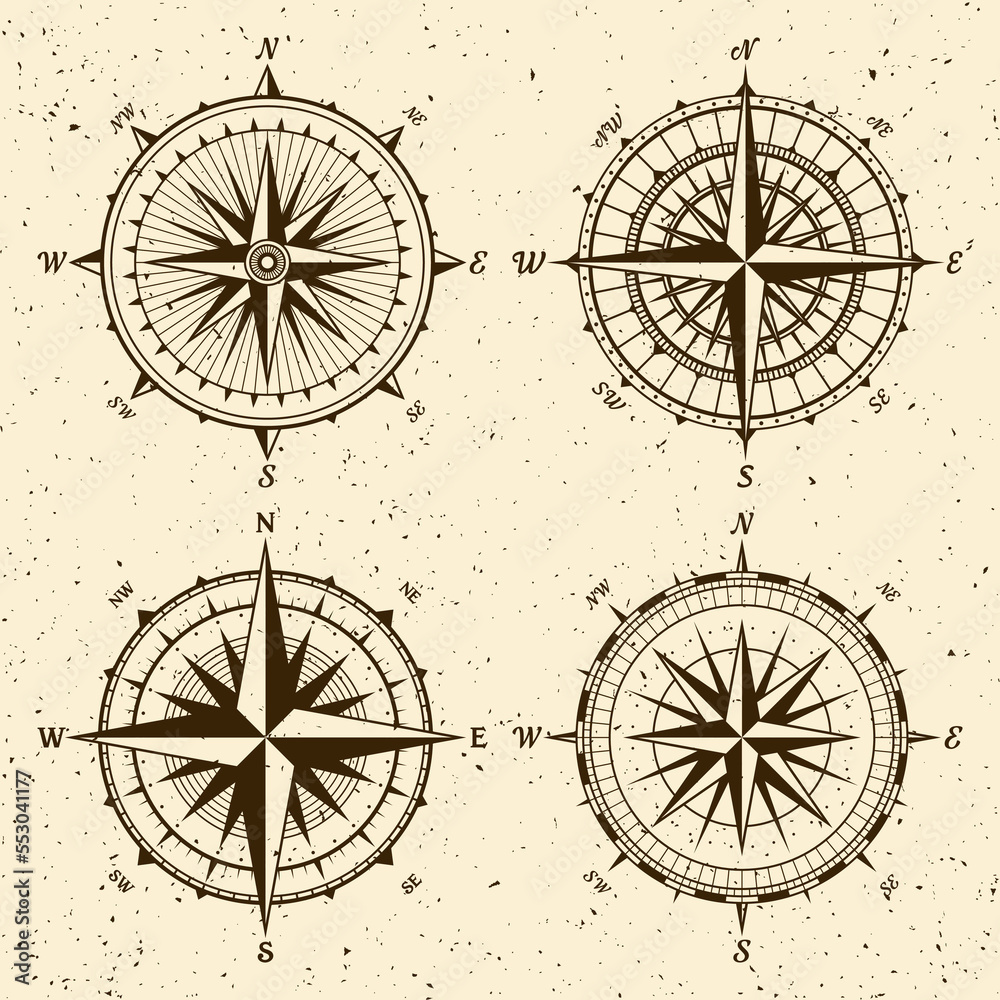 Vintage marine wind rose, nautical chart. Monochrome navigational ...