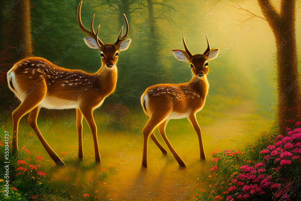 Deer in the forest, in the wild. A small baby of a deer. Illustration ...