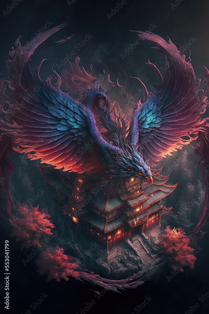 chinese legendary mythological creature phoenix rising from an ancient ...