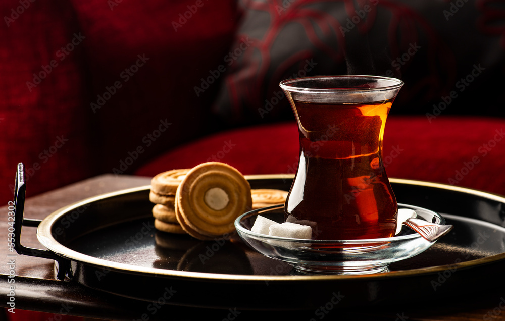 Turkish Tea presentation with biscuit on tray. Tea time for Turkish ...