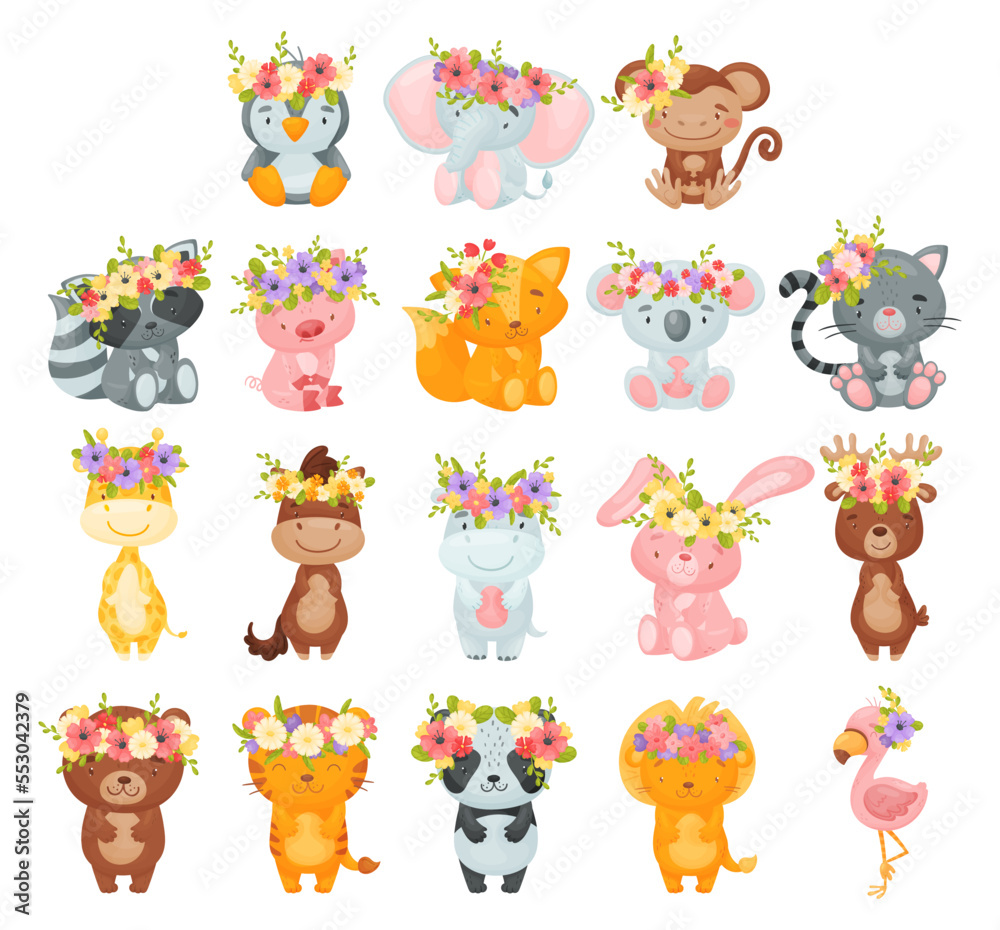 Cute Animals Wearing Blooming Flower Wreath on Their Head Big Vector ...