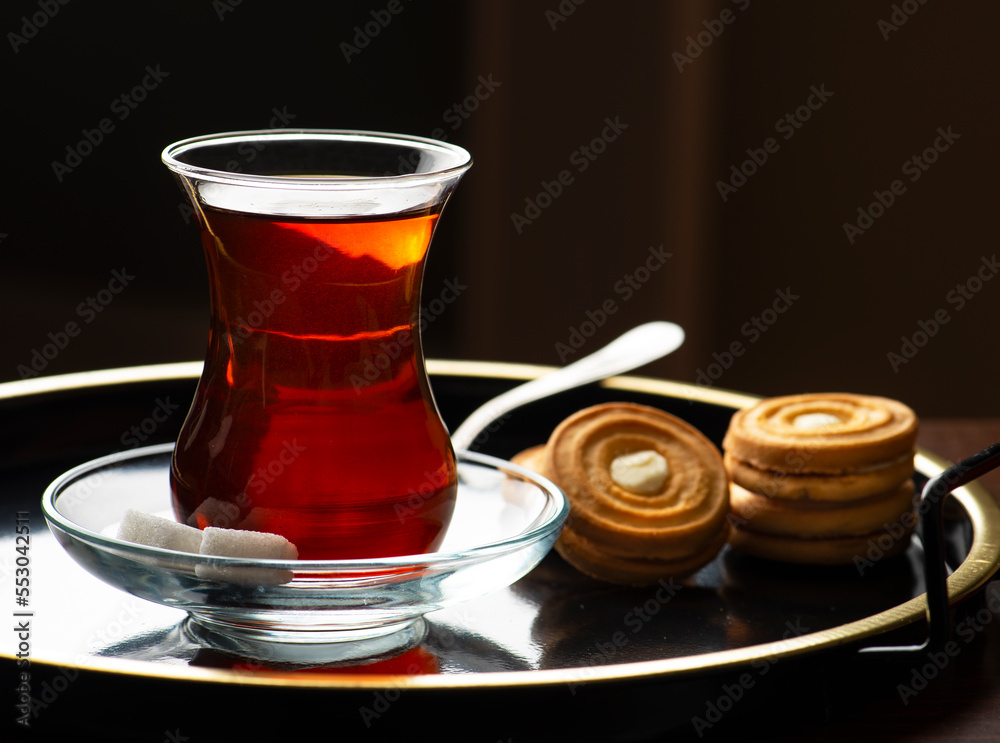 Turkish Tea presentation with biscuit on tray. Tea time for Turkish ...