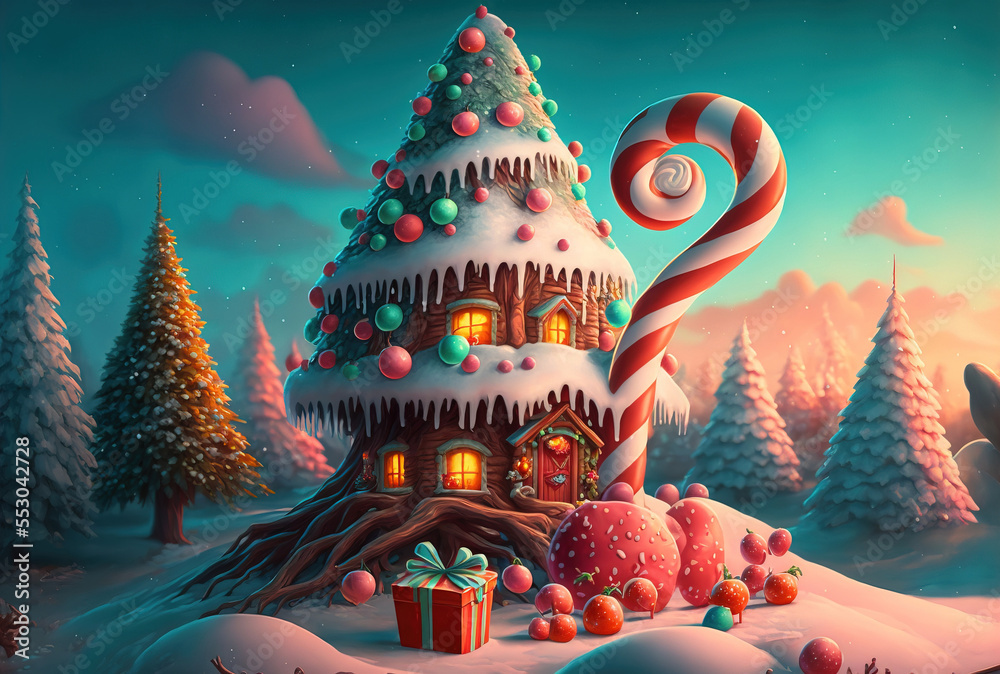 A beautiful Merry Christmas-themed candy cane festive scene in winter ...