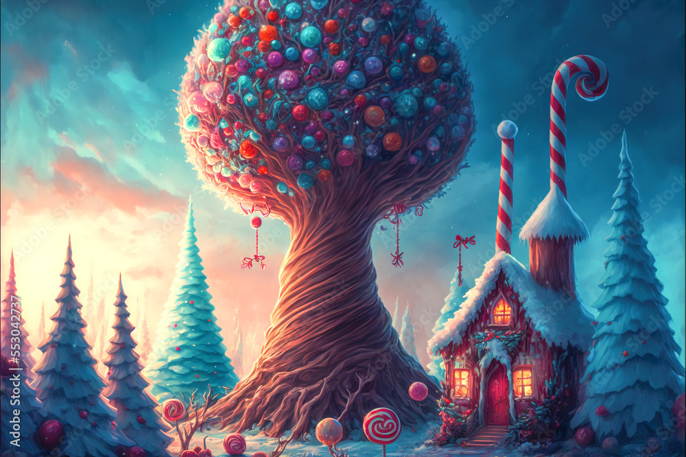 A beautiful Merry Christmas-themed candy cane festive scene in winter ...