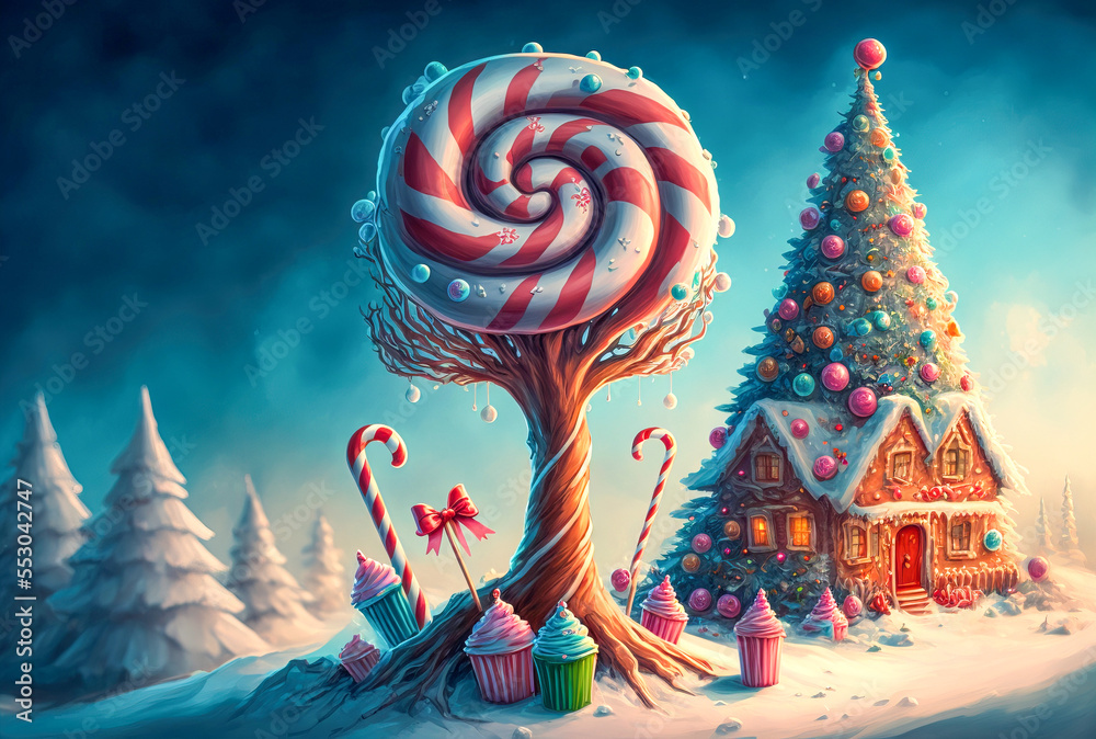 A beautiful Merry Christmas-themed candy cane festive scene in winter ...