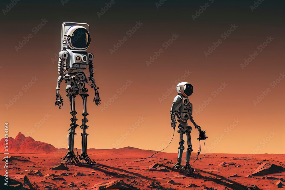 Robot astronaut. Robots on the planet Mars. Futuristic interpretation ...