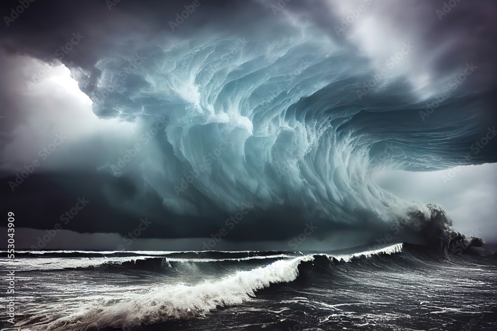 Apocalyptic dramatic background, giant tsunami waves, dark stormy sky ...