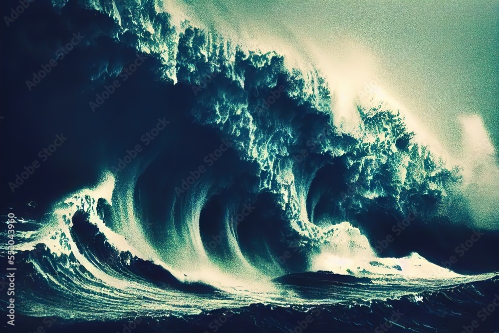Apocalyptic dramatic background, giant tsunami waves, dark stormy sky ...