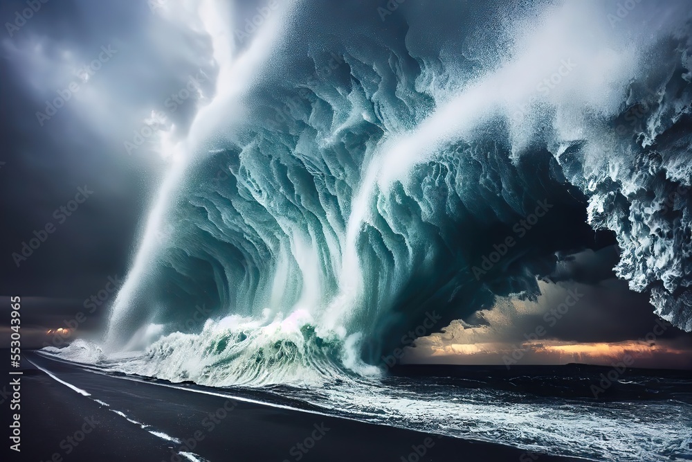 Apocalyptic dramatic background, giant tsunami waves, dark stormy sky ...