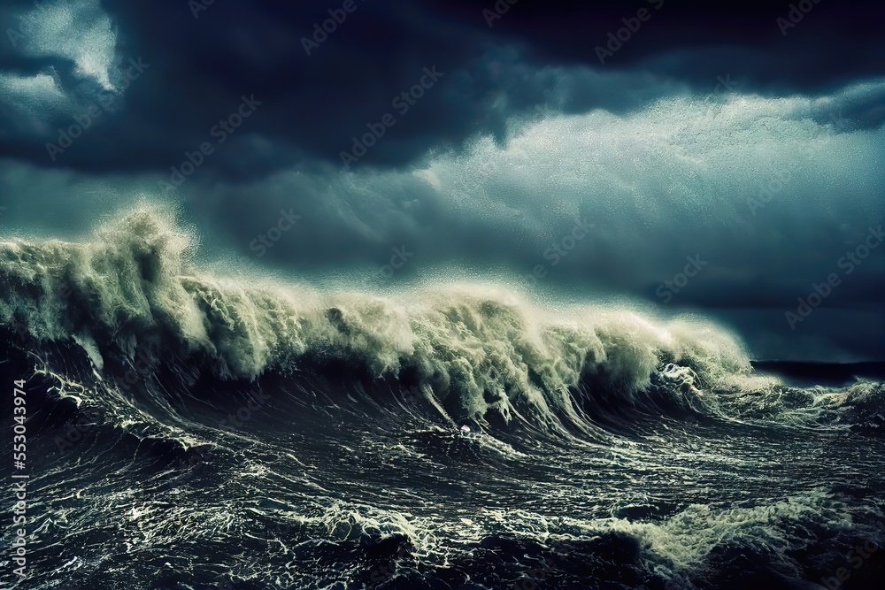 Apocalyptic dramatic background, giant tsunami waves, dark stormy sky ...