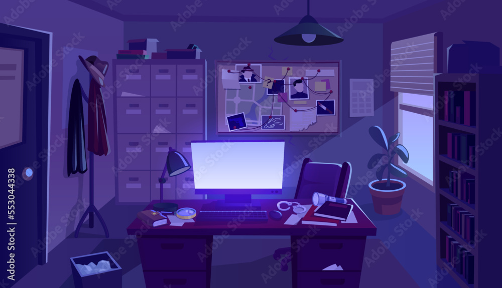 Night detective office. Dark private investigator room police station ...
