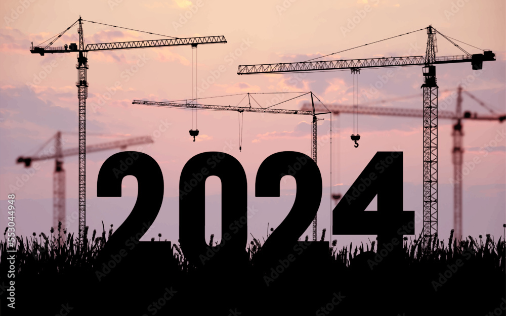Vetor de Silhouette of construction to welcome the new year 2024. Large ...