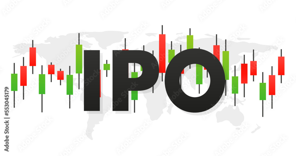 IPO sign on Forex candlestick chart background, IPO chart on world map ...