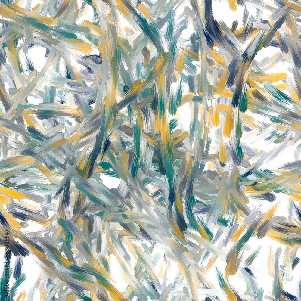 Blue, green, yellow and grey brush strokes on the white background. Oil painting texture ...