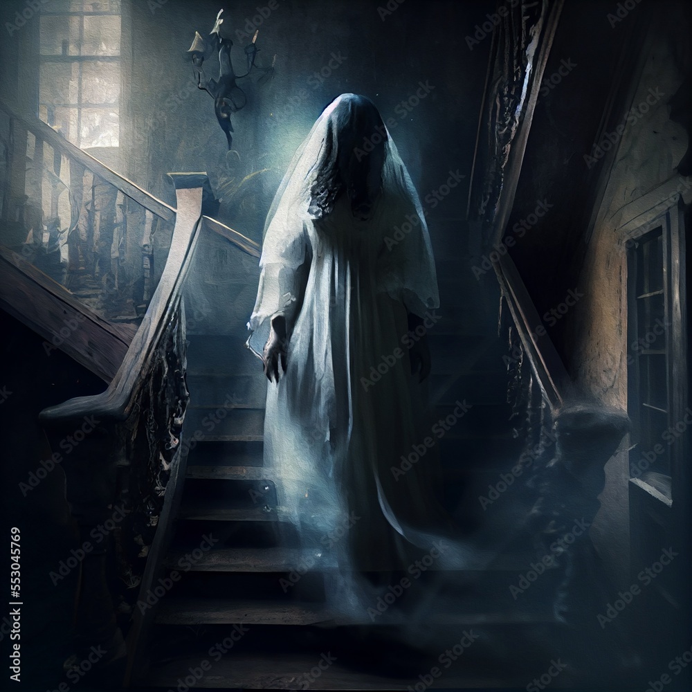 A female ghost standing in haunted house oil painting Stock ...