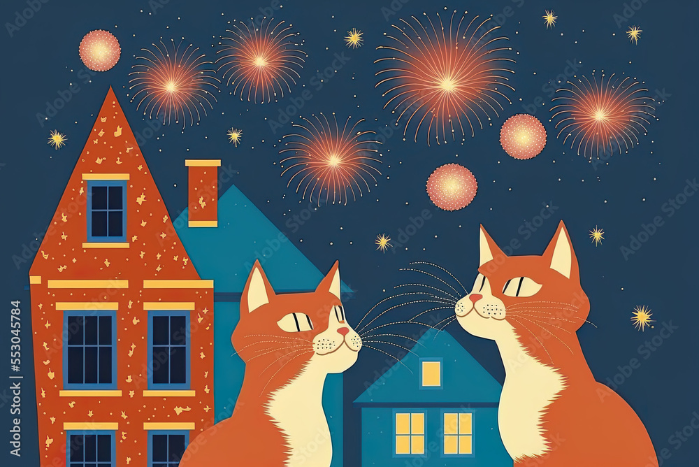 Cats watching fireworks, fireworks in the night, Sylvester, celebration ...
