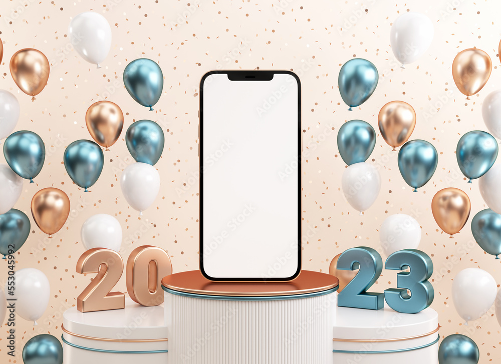New year 2023 mobile phone blank screen mockup with metallic numbers ...