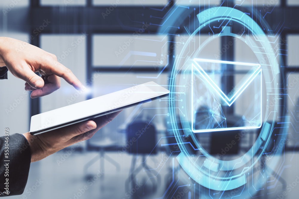 Man in office sending a work email. Close up of businessman hand ...