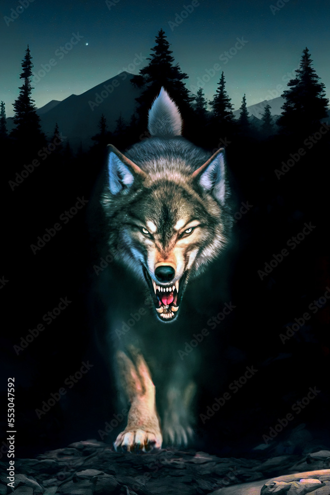 Big bad wolf comming out of the dark forest (Illustration) Stock ...