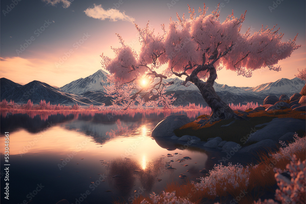 Beautiful and Magical landscape of Cherry blossom tree in bloom with ...