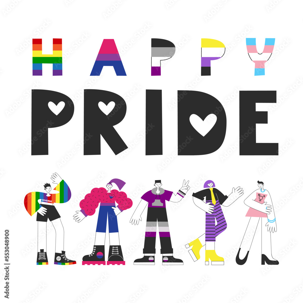 Happy pride flag quote card with people. Rainbow lgbt lettering. Gay ...