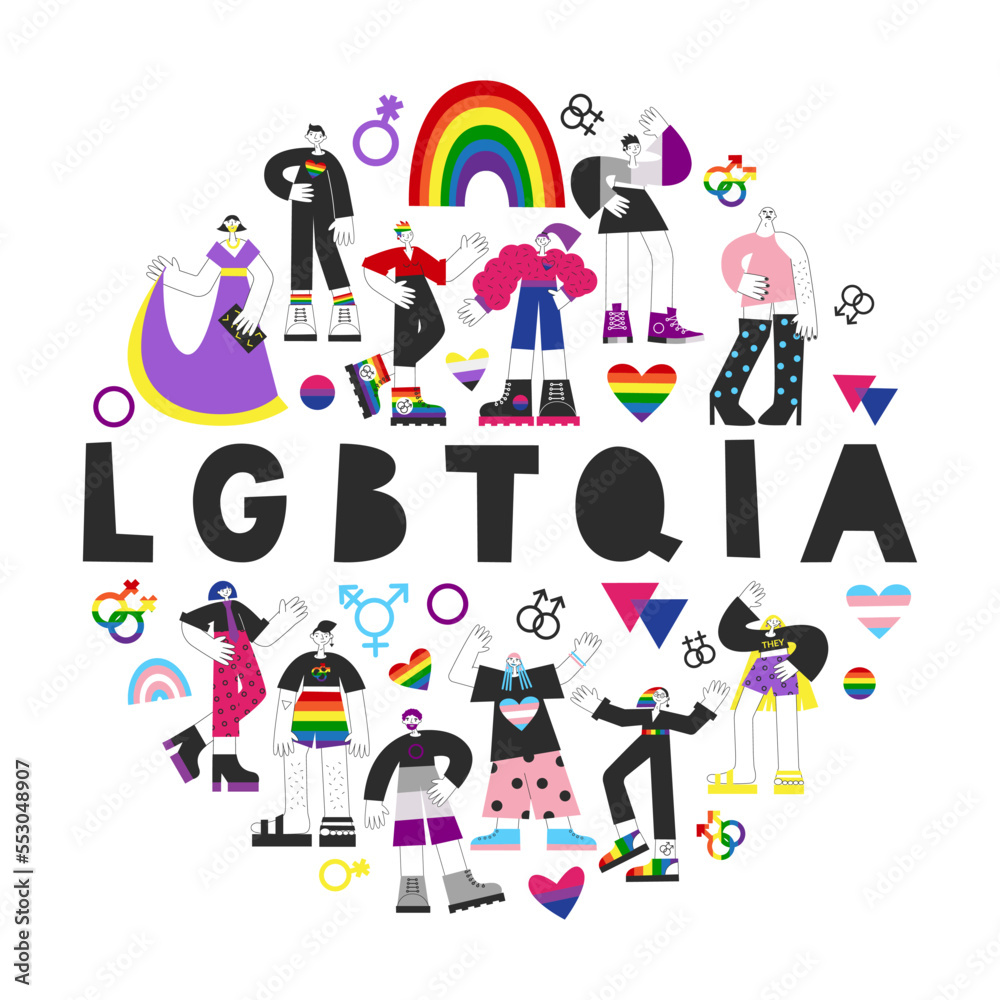 LGBTQIA letters in circle with pride people, symbols. Rainbow, hearts ...
