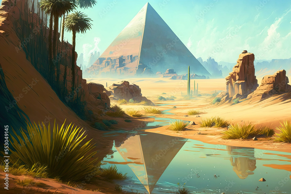 Desert with the mysterious pyramids of ancient Egypt. Fantasy desert ...
