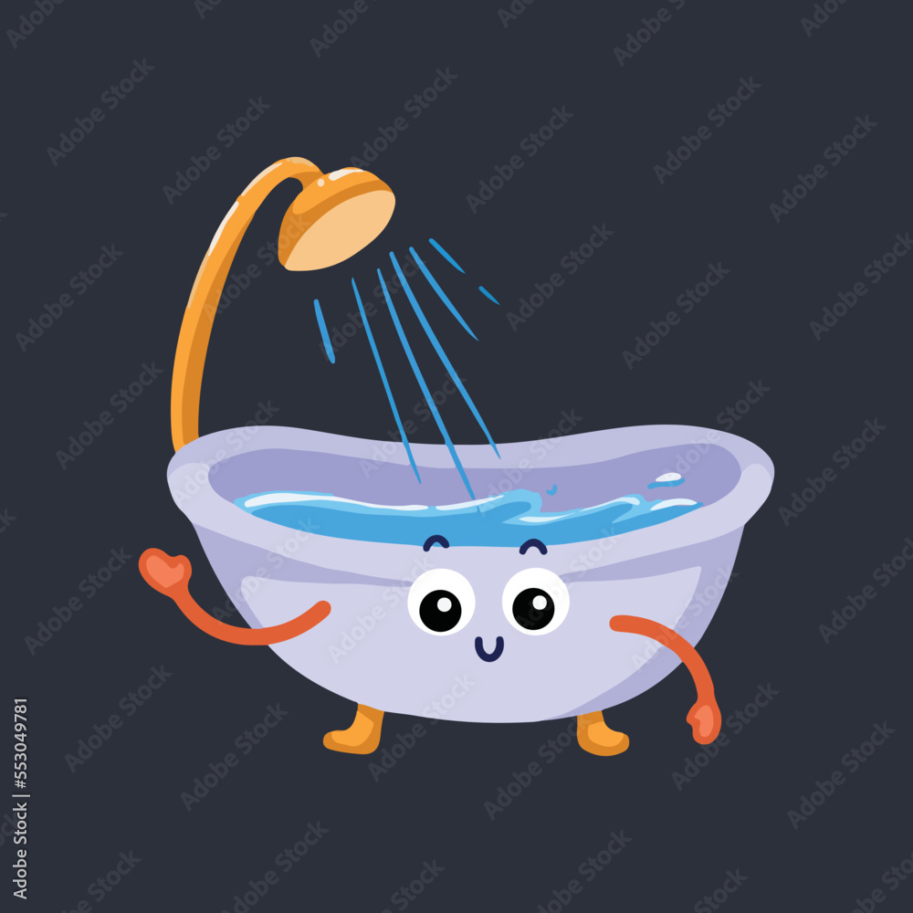 Cute happy and smiling bathtub character mascot with waving pose vector ...