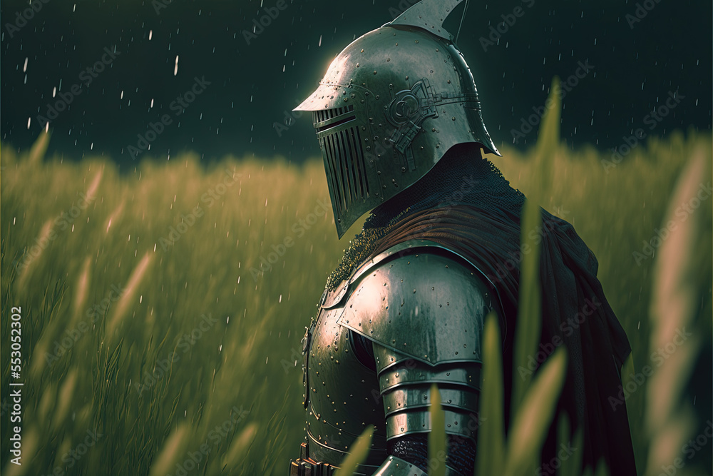 Crusader knight standing in in wheat fields with metal armour. Raining ...