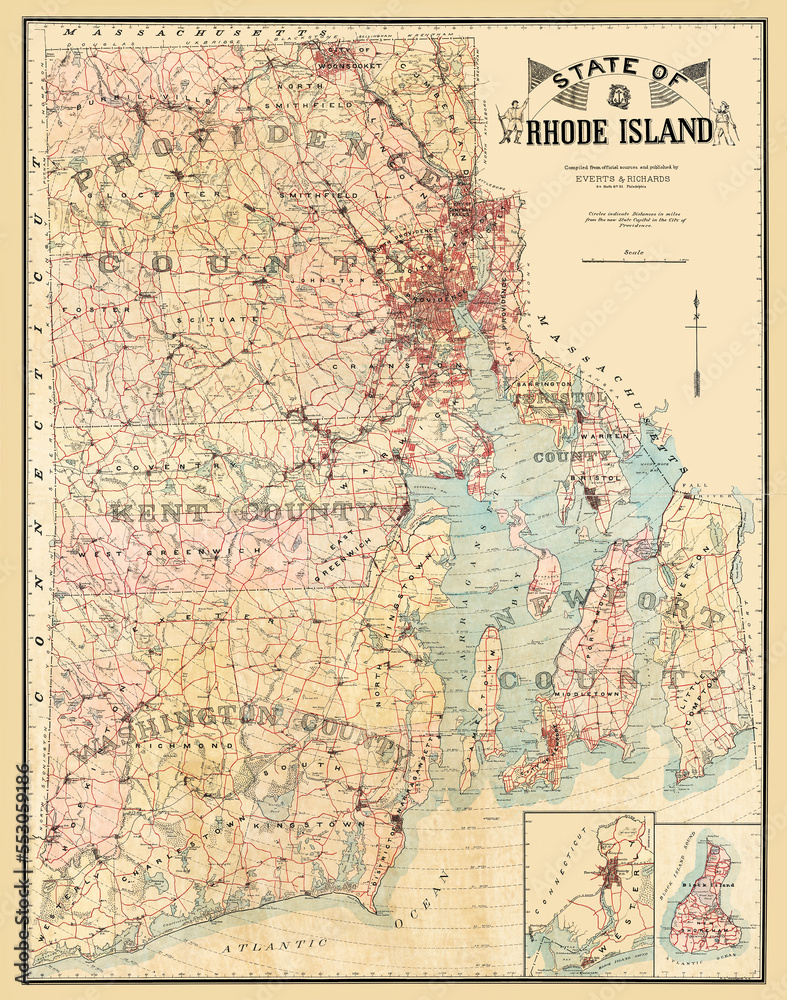 Rhode Island Antique Map 1890 features counties. Published 1890. This ...