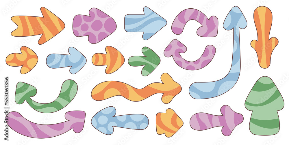 Groovy hippie 70s arrow set. Funny fat cartoon arrows, vectors trendy ...