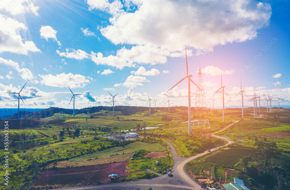 Aerial view of powerful Wind turbine farm for energy production on ...