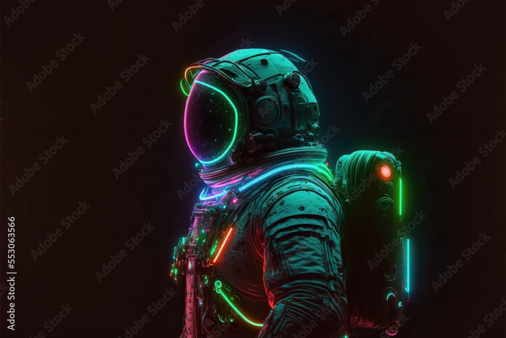 Neon astronaut in space suit with glowing lights isolated on black ...