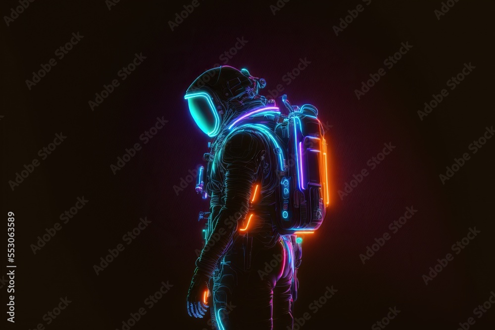 Neon astronaut in space suit with glowing lights isolated on black ...