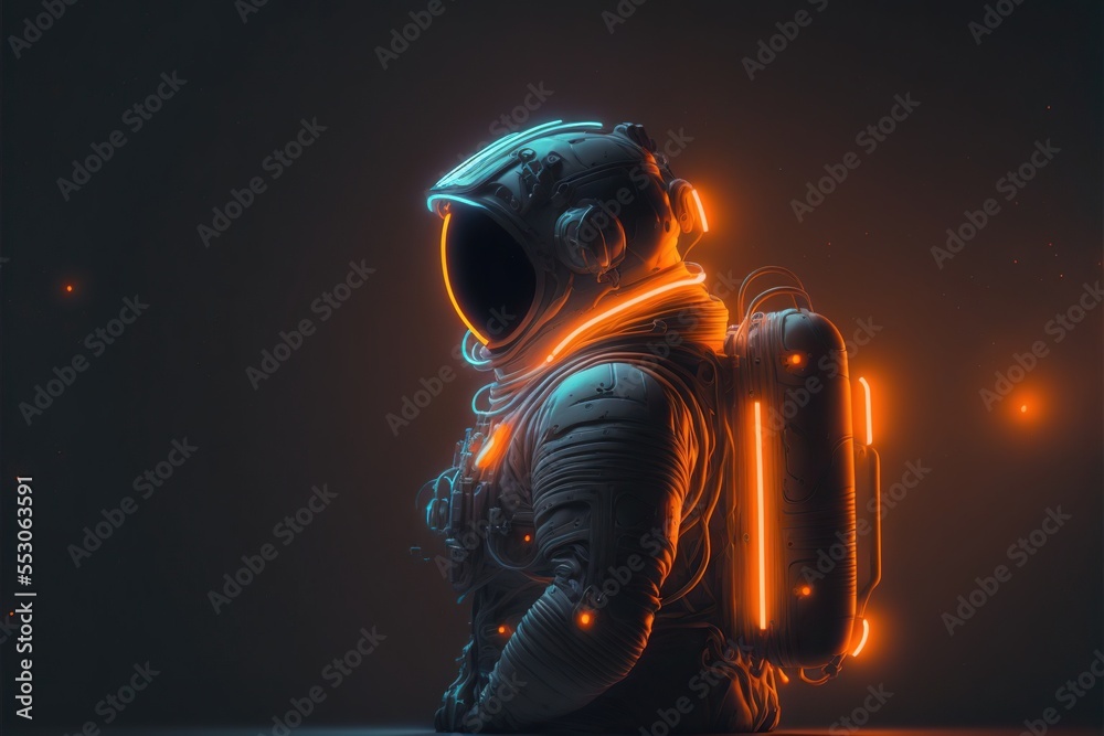 Neon astronaut in space suit with glowing lights isolated on black ...