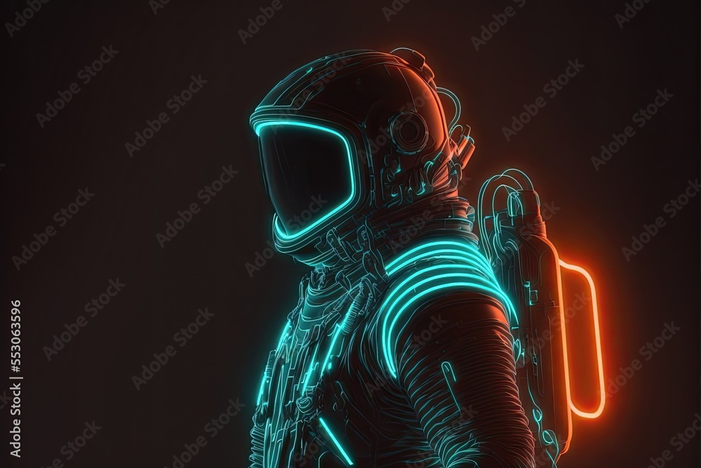 Neon astronaut in space suit with glowing lights isolated on black ...