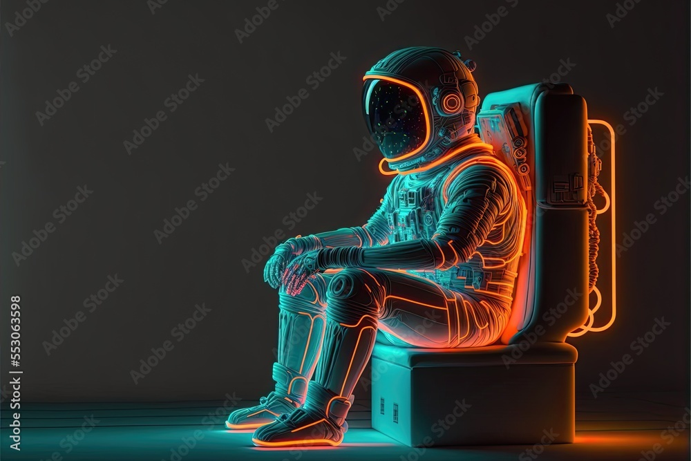 Neon astronaut in space suit with glowing lights isolated on black ...